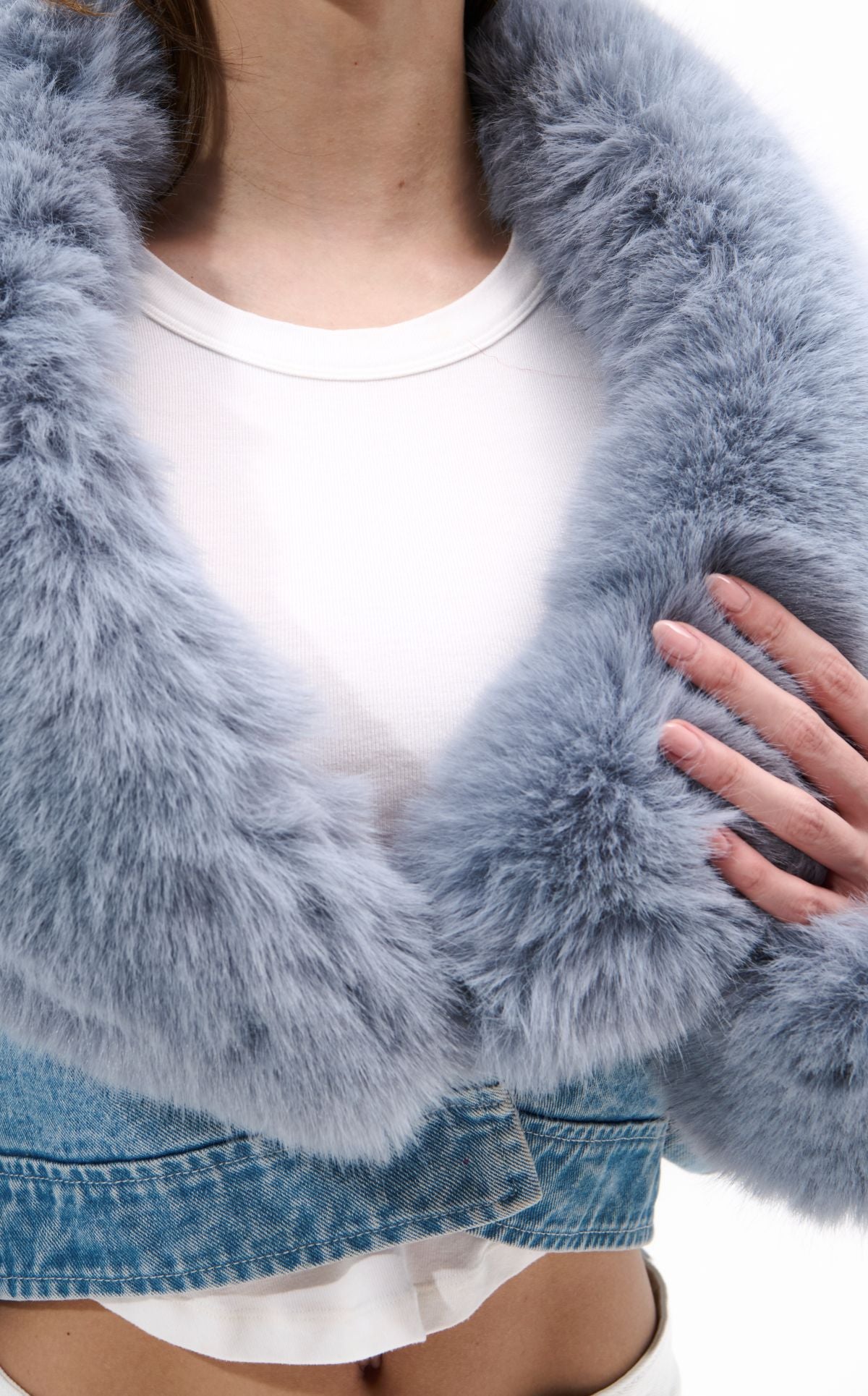 GISELE-DENIM FAUX FUR JACKET | AZALEA WANG